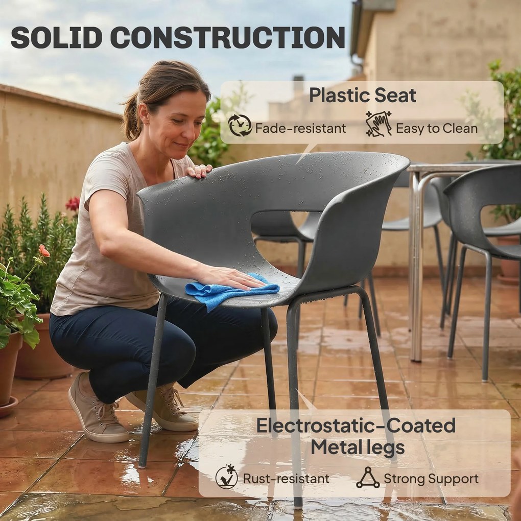 Outsunny Zahradní židle sada 4 ergonomických balkónových židlí s výřezem v područce odolné proti povětrnostním vlivům tmavě šedé barvy