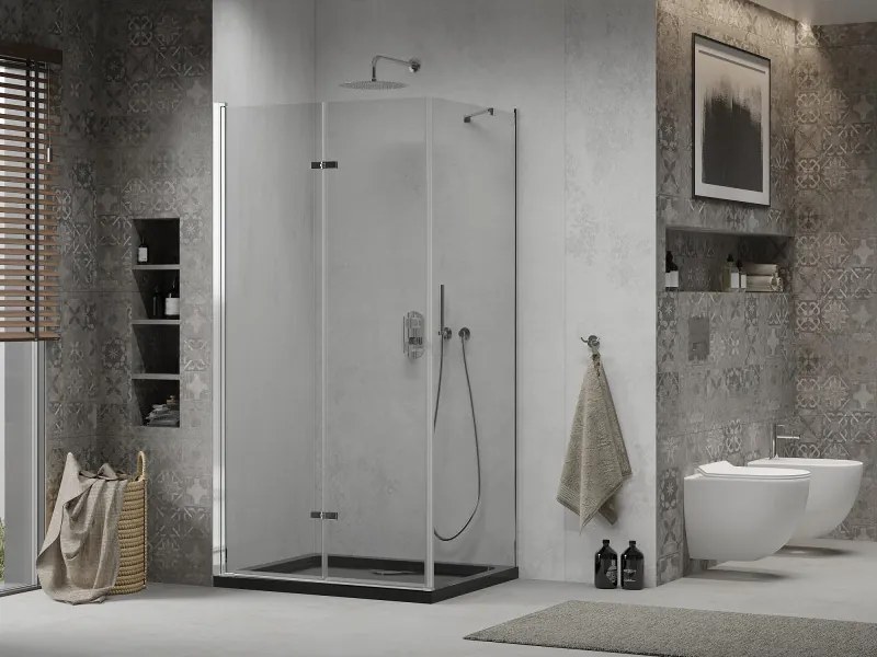 Mexen Lima, sprchový kout se skládacími dveřmi 100 (dveře) x 80 (stěna) cm, 6mm čiré sklo, chromový profil + slim sprchová vanička černá + chromový sifon, 856-100-080-01-00-4070