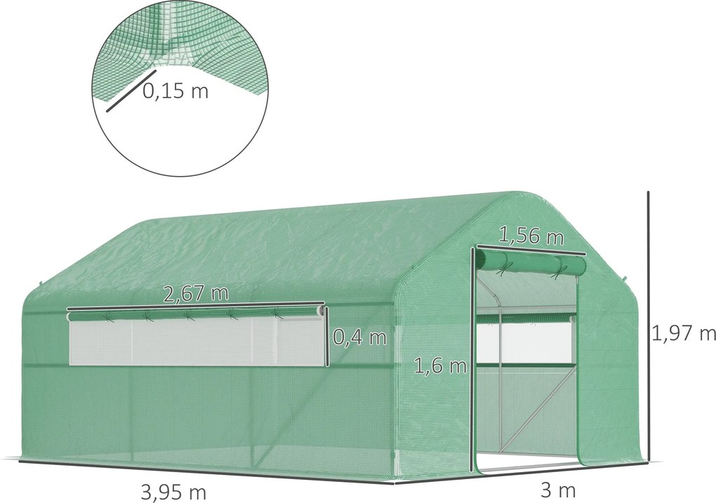 Outsunny Zelený Túnelový Skleník 4x3x2 m s 2 Mřížkovými Okny, Anti-UV PE Kryt a 1 Otevírací Dveře se Zipem Zelený Zahradní Skleník