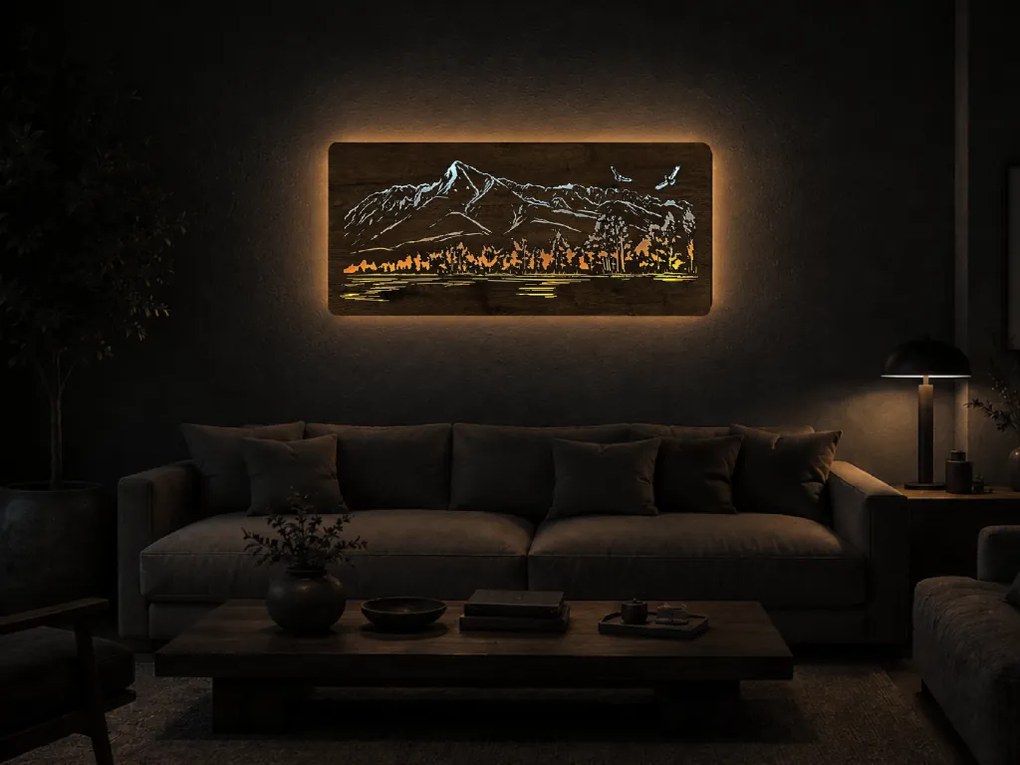 Li-Go "Hory s ptáky" světelný obraz s baterií a pohybovým čidlem 110x50cm provedení povrchu: jedle