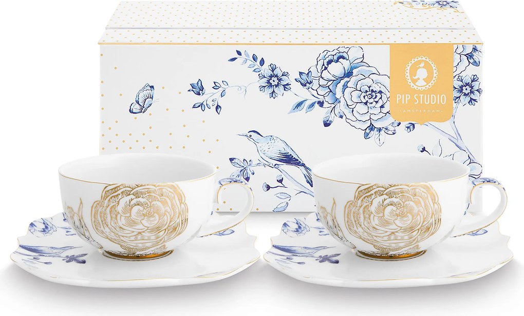 Pip Studio Royal White sada 2 ks cappuccino šálků s podšálky 210ml, bílá (Cappuccino sada v dárkovém balení)