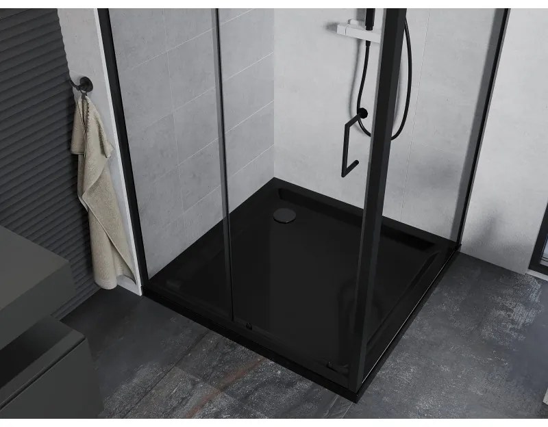 Mexen Apia rozsouvací sprchový kout 90 x 90 cm, Průhledné, Černá + sprchová vanička Flat, Černá - 840-090-090-70-00-4070B