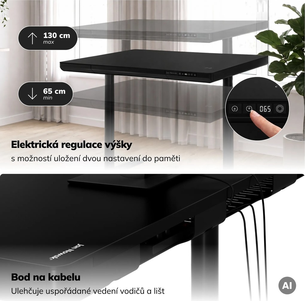 Elektrický psací stůl sit-stand se zásuvkou a bezdrátovou nabíječkou Qi černý, 1200 mm: ELLIS