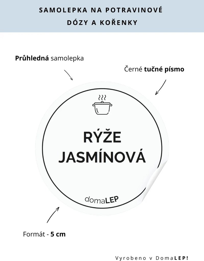 RÝŽE JASMÍNOVÁ – průhledná samolepka na dózu, tučnépísmo, 5 cm | DomaLEP