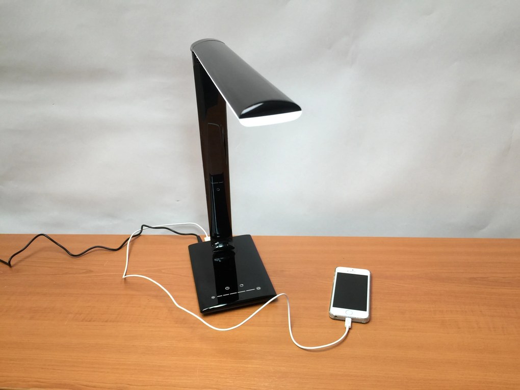 LED stolní lampička stmívatelná USB, 12W, volba teploty světla, černý lesk