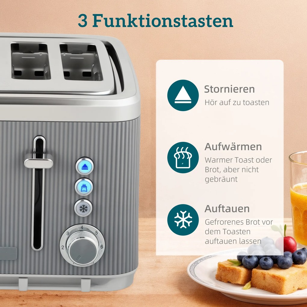HOMCOM Varná konvice 2200 W, 1,7 l s funkcí rychlého vaření, filtr proti vodnímu kameni a toustovač na 4 plátky s 7 stupni opékání, šedá