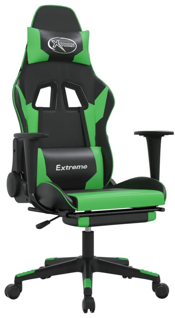 vidaXL Masážní herní židle s podnožkou černá a zelená umělá kůže