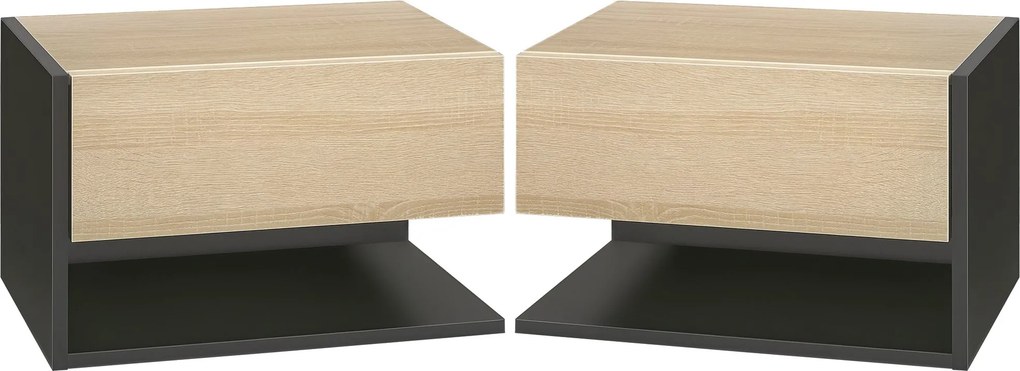 HOMCOM Sada 2 floating nočních stolků se zásuvkou a otevřenou poličkou do ložnice 46x30x30 cm Dub a černá | Aosom