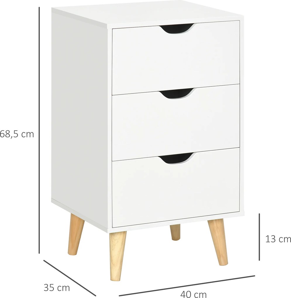 HOMCOM Noční stolek s 3 zásuvkami ve skandinávském stylu pro ložnici a obývací pokoj, 40 x 35 x 68,5 cm, bílý