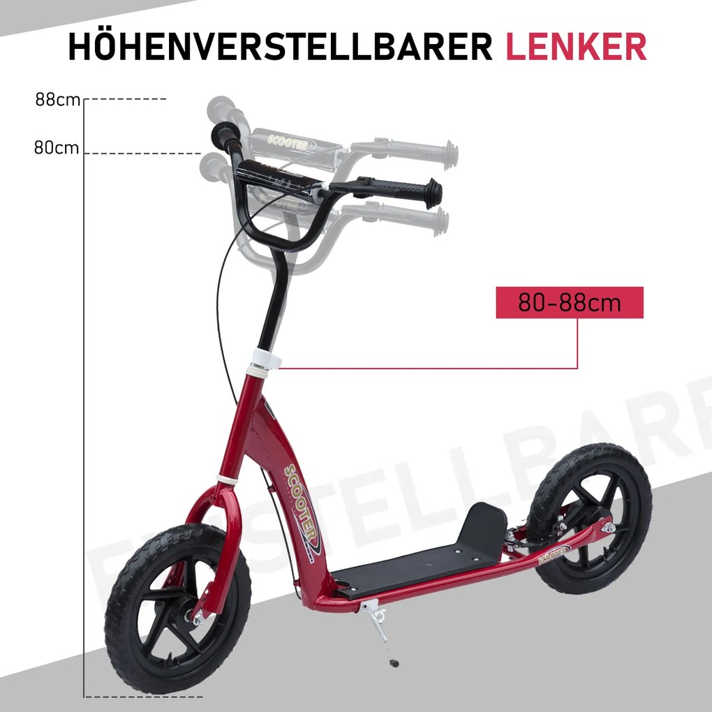 HOMCOM Dětská koloběžka Městská koloběžka 12 palců se zadní brzdou výškově nastavitelná z oceli EVA v červené barvě 120 x 52 x 80-88 cm pro děti