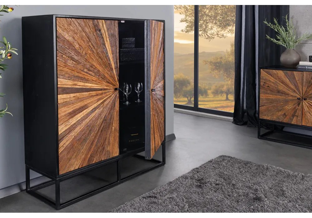 Massive home | Vysoká komoda BARRACUDA 120cm hnědé mangové dřevo s teakovou šedou přední deskou