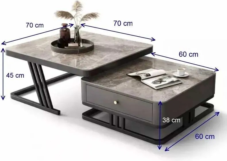 LuxuryForm DESIGN Konferenční stolek TITAN 70 × 70 / 60 × 60 cm – šedý, šedý mramor (set 2 ks)