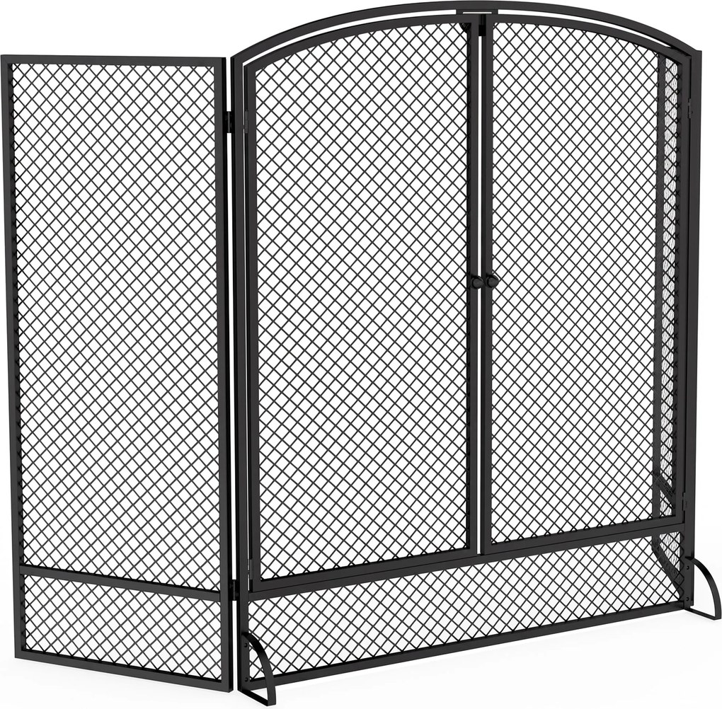 HOMCOM Skládací ochrana proti jiskření krbu 3 panely, 2 dveře, moderní styl, kovová ochrana proti jiskrám, 122 x 10 x 75 cm, černá
