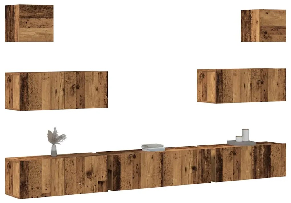 Sada 7 kusů nástěnné TV skříňka starého dřeva kompozitní dřevo