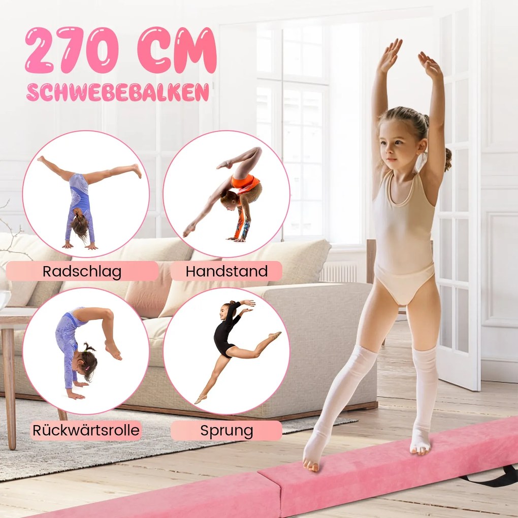 Costway 270 cm kladina dětská kladina skládací gymnastická kladina s – růžový