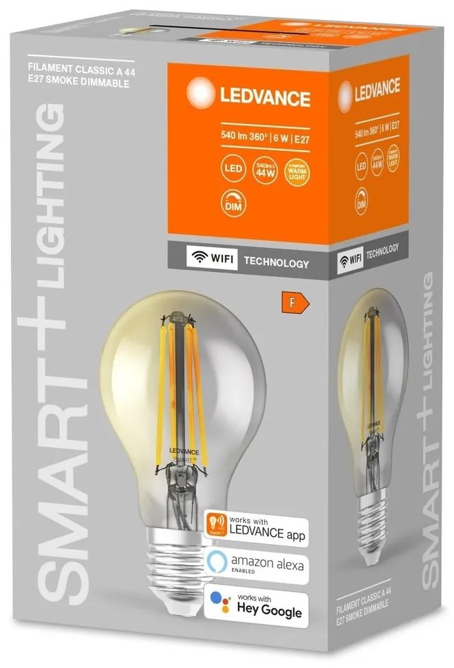 Kouřová stmívatelná WiFi LED žárovka E27 6 W FILAMENT, teplá bílá