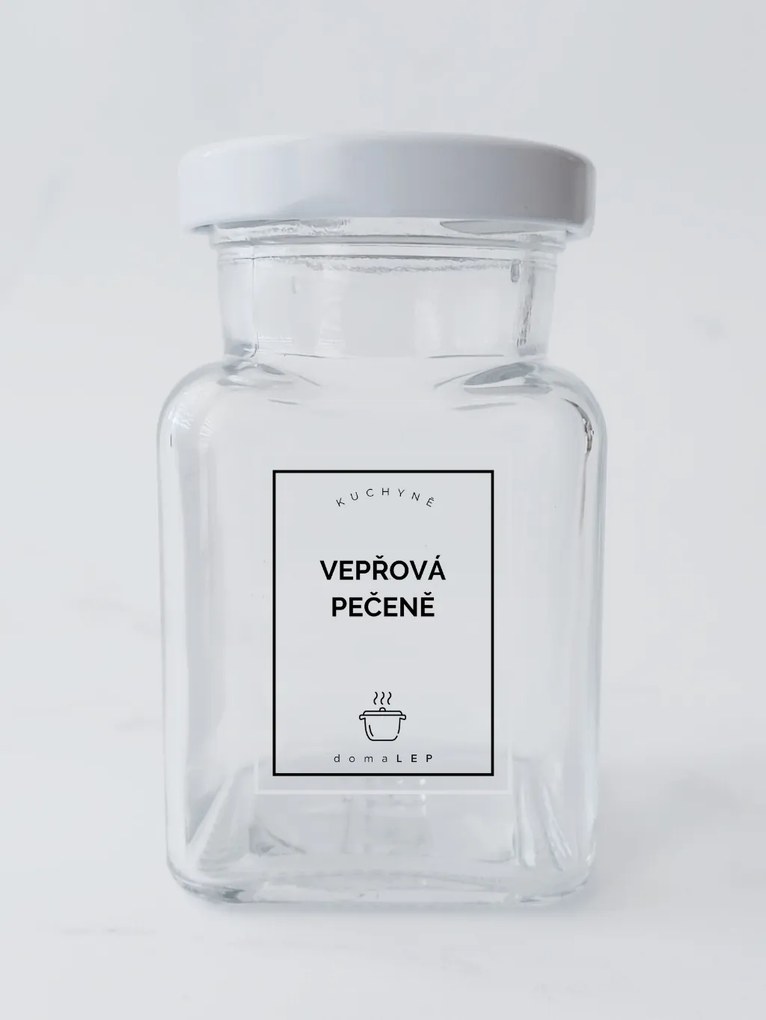 Samolepka na kořenky VEPŘOVÁ PEČENĚ průhledná 3 × 4 cm tučné písmo
