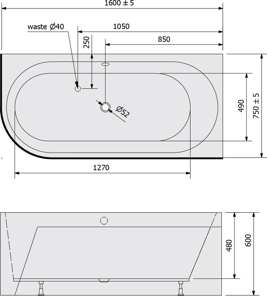 Polysan ASTRA R MONOLITH asymetrická vana 160 x 75 x 60 cm pravá akrylát šedá 34611M.30
