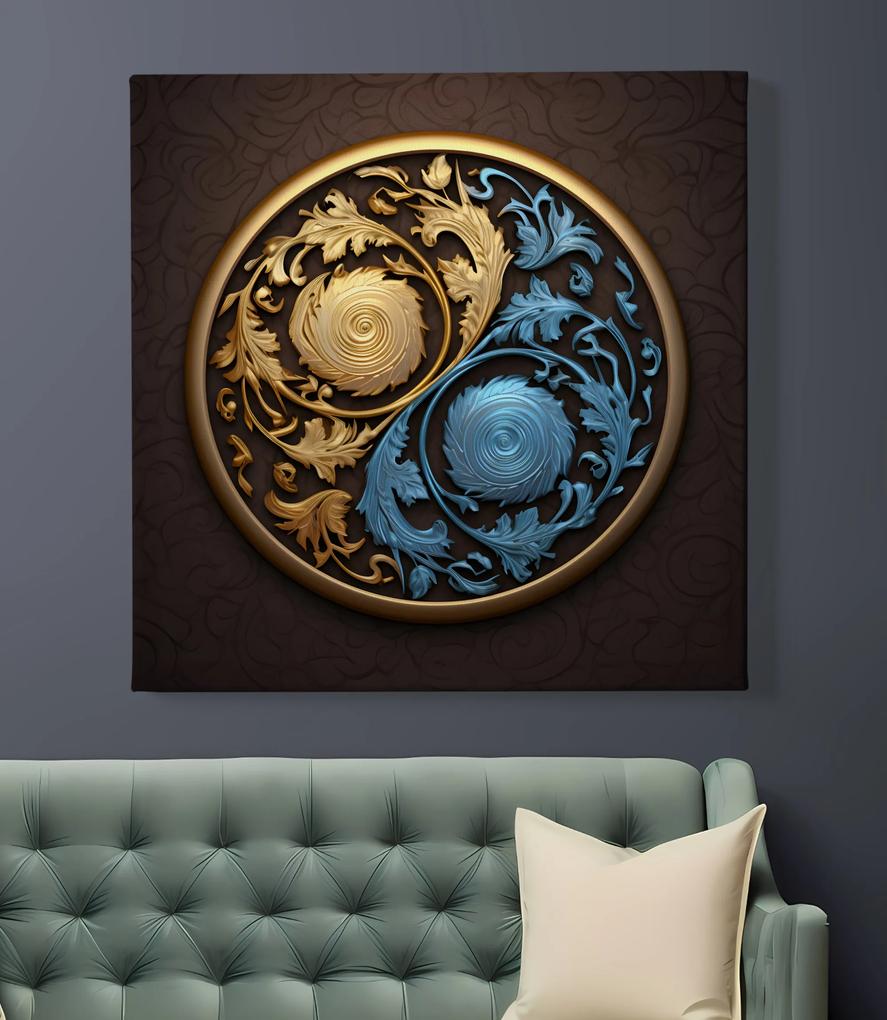 Obraz na plátně - Zlato modrý Yin Yang symbol v kruhu FeelHappy.cz Velikost obrazu: 120 x 120 cm