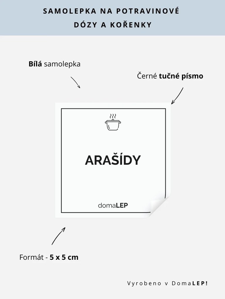 ARAŠÍDY – bílá samolepka na dózu, tučné písmo, 5 x 5 cm | DomaLEP