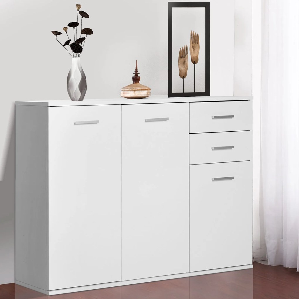 HOMCOM Kuchyňská Komoda se 2 Dveřmi a 2 Zásuvkami v Moderním Stylu pro Jídelnu 106x35x76cm Leskle Bílá