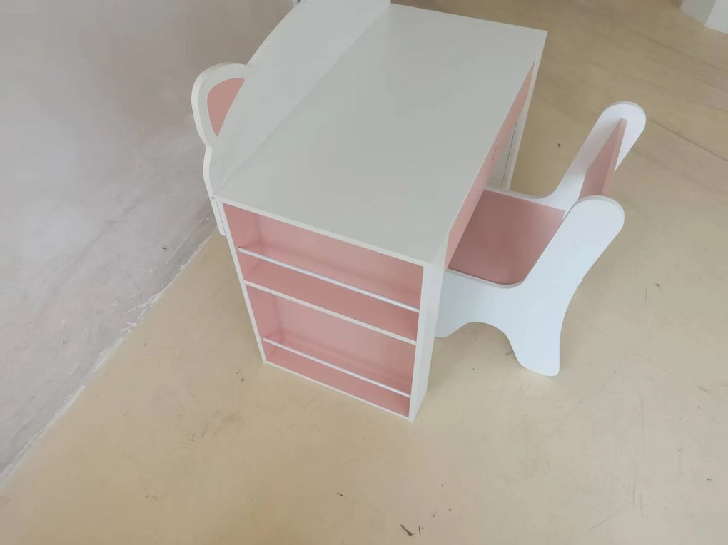 AIYAPLAY dětský stůl se židlí 2dílná dětská sezení s knihovnou a zásuvkou, design liška pro děti 3-8 let, bílo+růžové