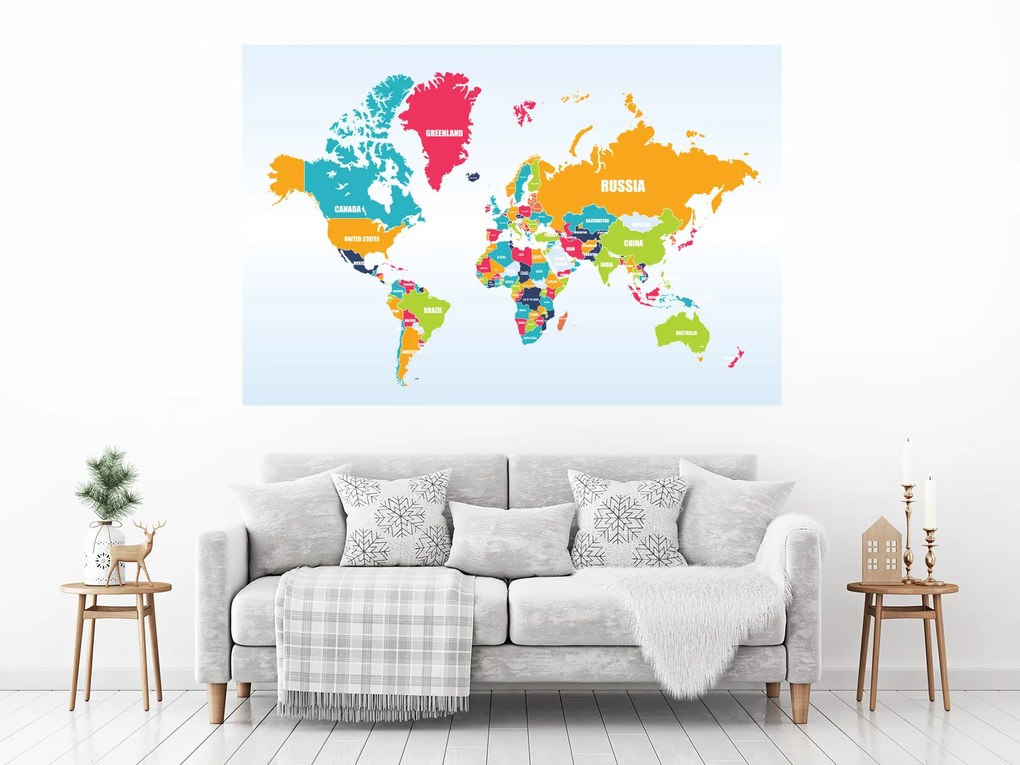 Mapa světa názvy zemí textilní přelepitelná samolepka na zeď 48 x 32 cm