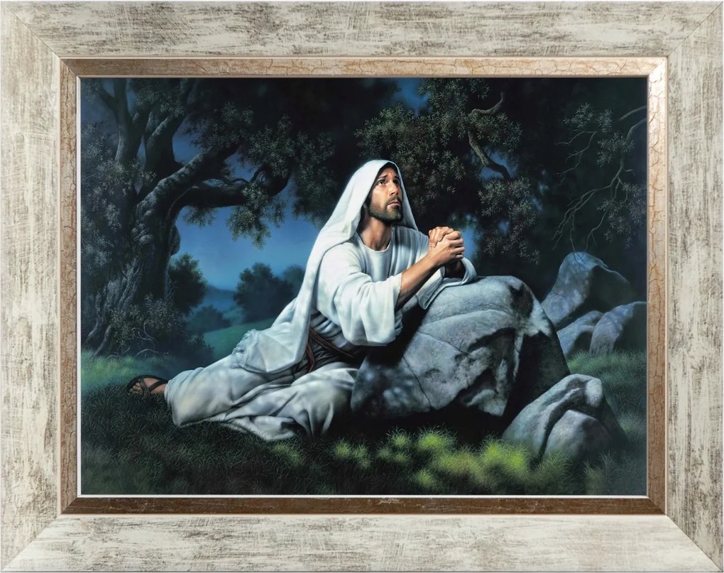 Ježíš V Olivové Zahradě, Sakrální Obraz Na Plátně V Bílém Rámu 30X40