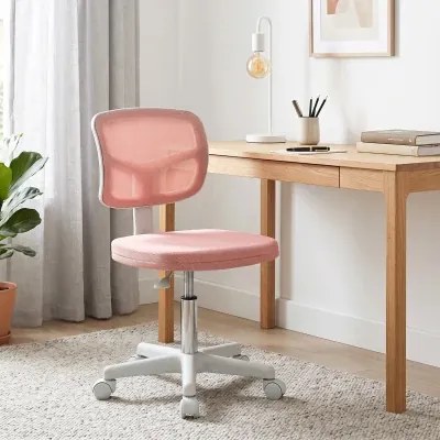 Vinsetto ergonomická kancelářská židle bez opěrek na ruce, otočná židle s prohnutým síťovaným opěradlem a kolečky, růžová