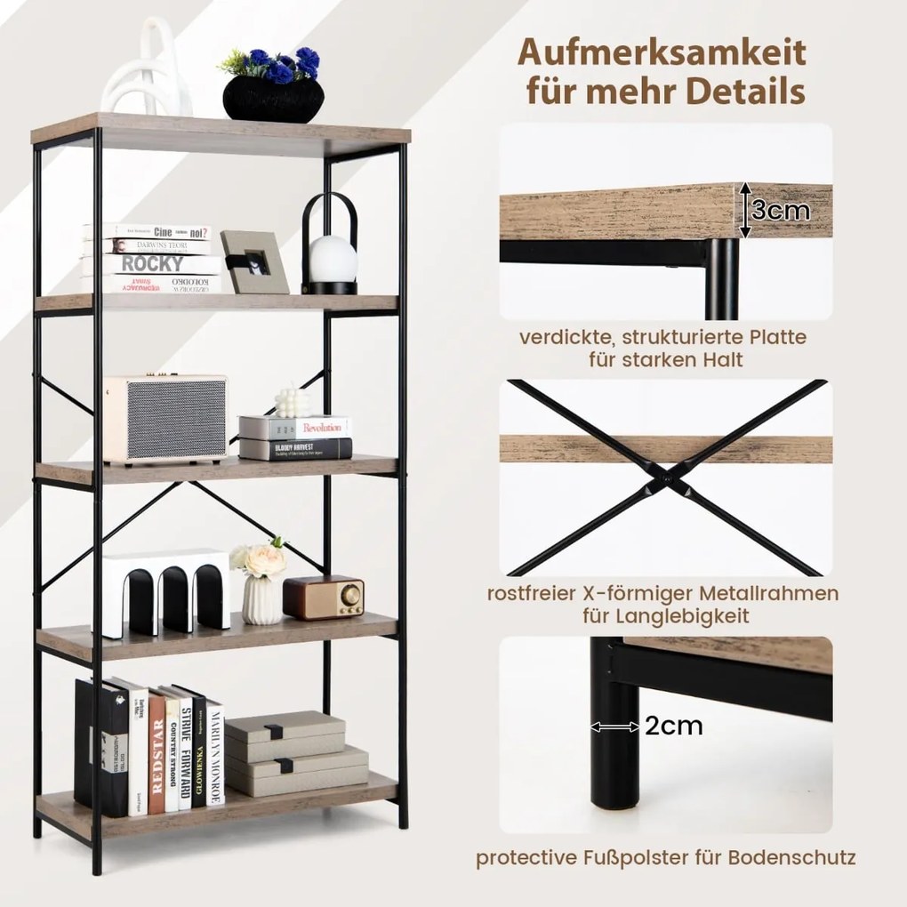 Costway Knihovna s 5 úrovněmi a kovovým rámem a průmyslovým designem stojící
