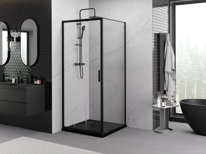 Mexen Exo, posuvná sprchová kabina, dveře 95 cm + boční stěna 95 cm, transparentní sklo, černá, 8153-095-095-70-00