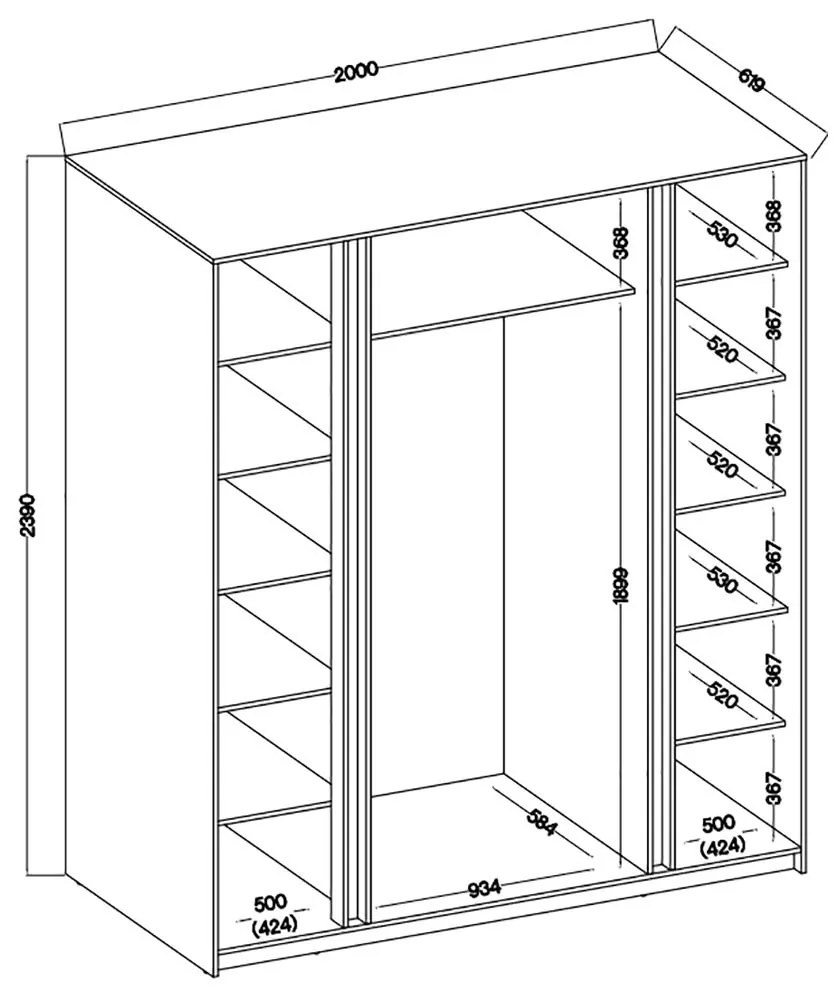 Šatní skříň KAJA 2LU 2F | 200 cm | se zrcadly | VYSOKÁ | evoke/černá