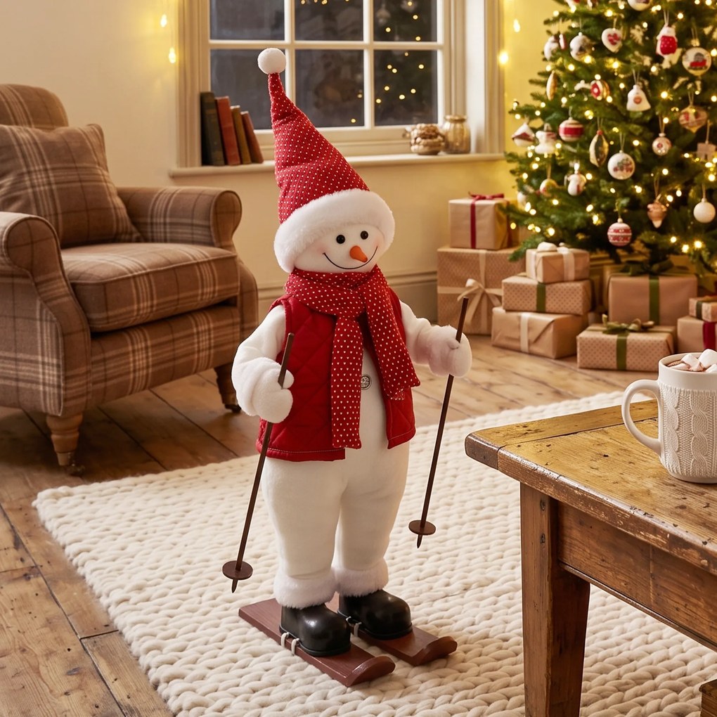 HOMCOM Zpívající lyžařský Santa Claus, 65 cm, animovaná vánoční postava se lyžemi, holemi a aktivací zvukem / dotykem