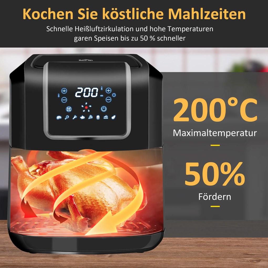 HOMCOM Horkovzdušná fritéza 6,5 l 1700 W, s 8 menu, LED displej, nepřilnavý koš pro zdravé vaření bez oleje, 36,5 x 29 x 33,8 cm | Aosom