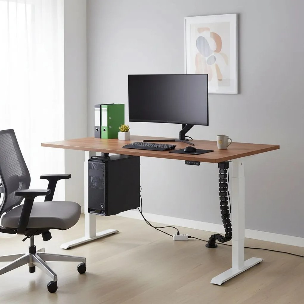Výškově nastavitelný stůl OfficeTech A, 140 x 80 cm, bílá podnož, dub silverjack