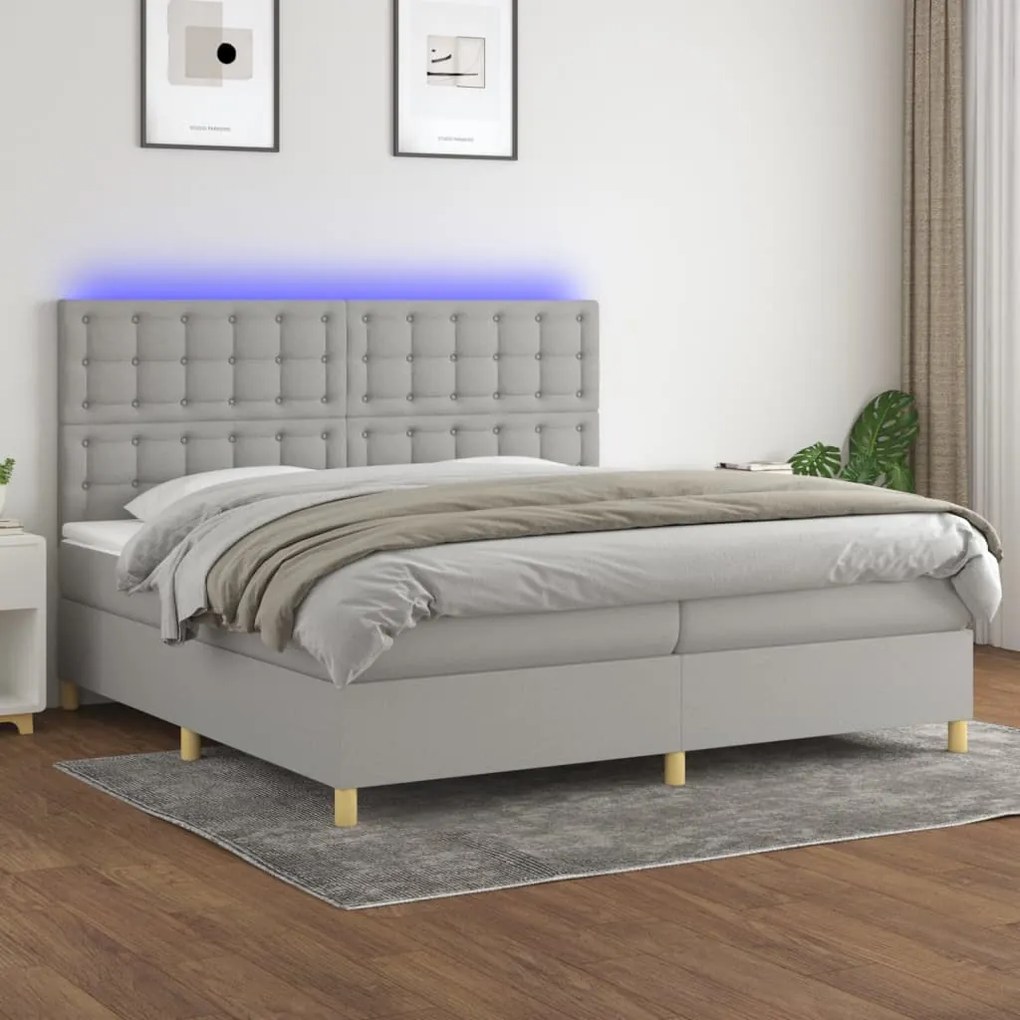 Box spring postel s matrací a LED světle šedá 200x200 cm textil,  3135781