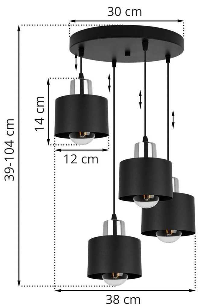 Závěsné svítidlo PANTA, 4x černé kovové stínítko, O, CH