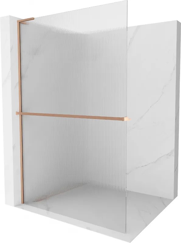 Mexen Kioto+ L, sprchová zástěna Walk-In s poličkou a věšákem 70 x 200 cm, 8mm sklo s žebrovým vzorem, měděný matný profil, 800-070-123-65-09