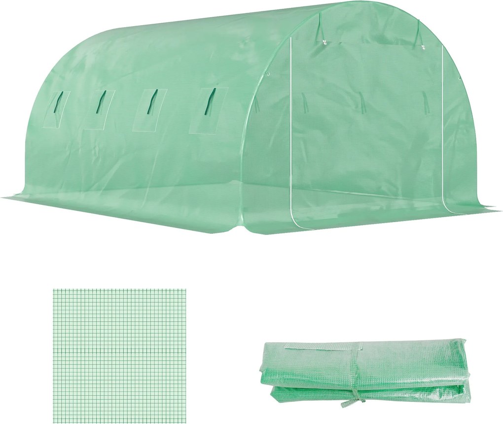 Náhradní fólie Outsunny pro zahradní tunelový skleník 12 m², fólie 4 x 3 x 2 m PE Anti-UV Voděodolná 8 oken + Roll-up zipová vrata Zelená | Aosom