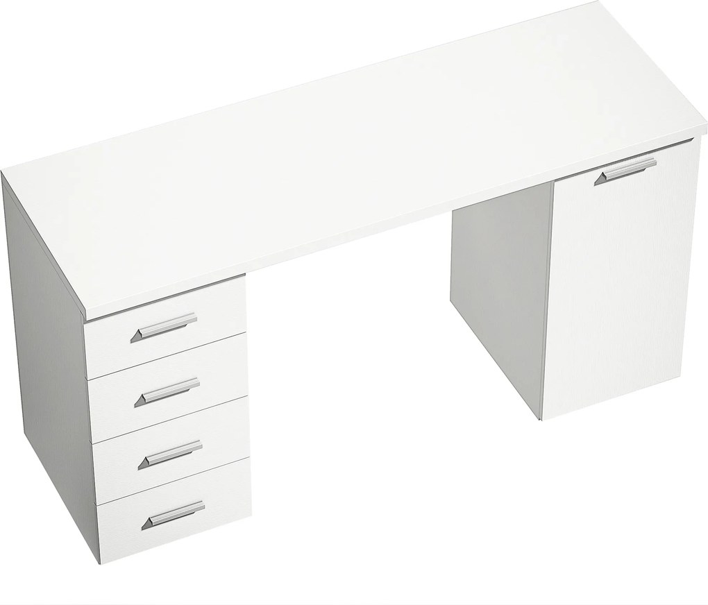 HOMCOM psací stůl s 4 zásuvkami, 140 x 48 x 75 cm, se skříňkou a nastavitelnou policí, moderní kancelářský stůl, bílý