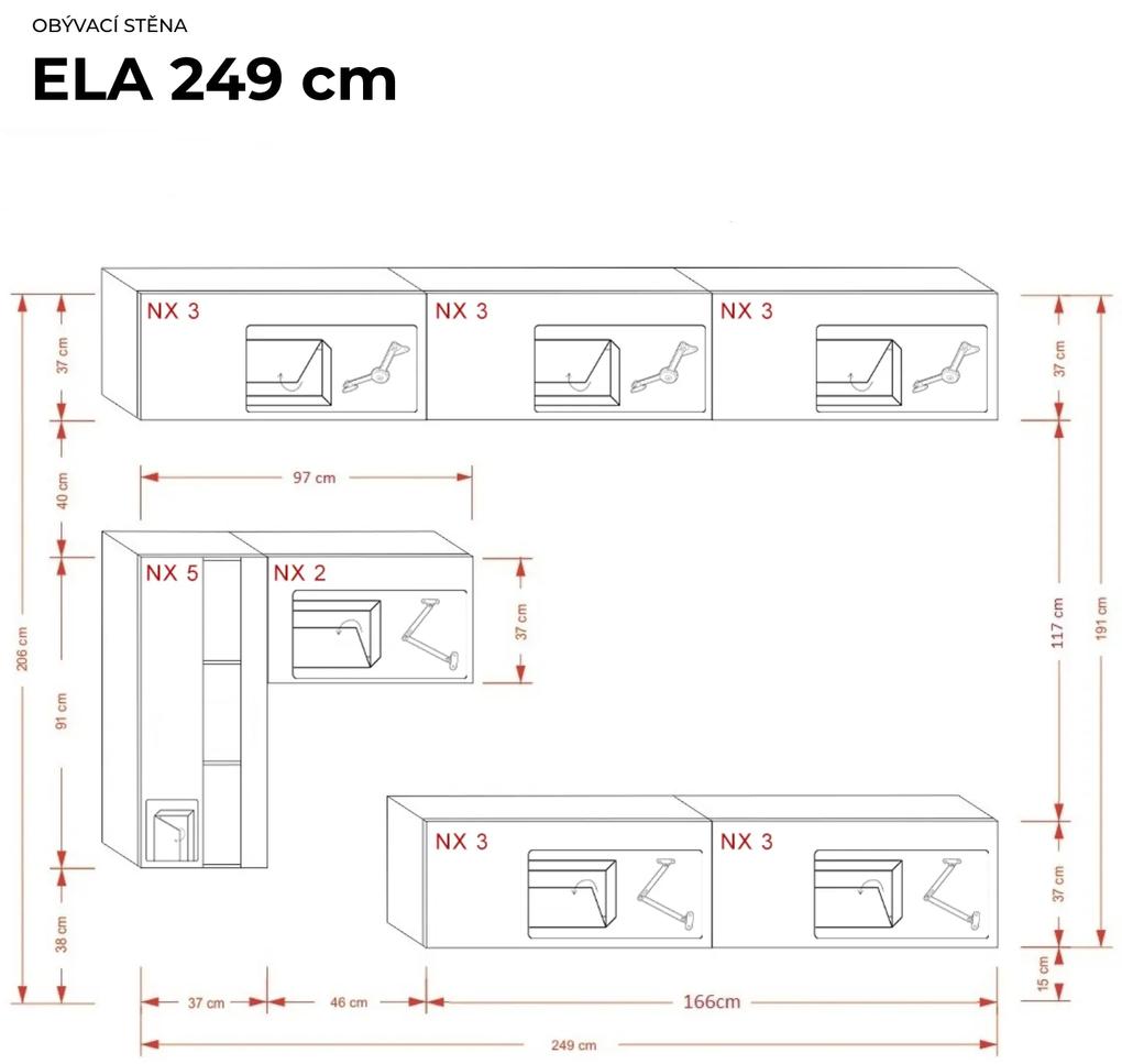 Ral Obývací stěna ELA 3, 249 cm - Černo/bílý lesk