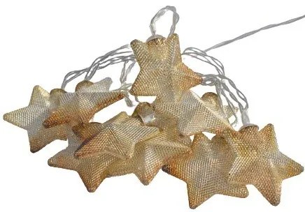 LED světýlka na baterie, kovové hvězdičky, 1,8 m, 10 teple bílých diod, IP20 interiér, 2 × AA