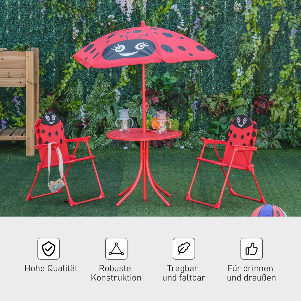 Outsunny Dětská zahradní sada stolu a židlí s piknikovou skládací sadou pro děti se slunečníkem s nastavitelnou výškou 100-125 cm, design berušky
