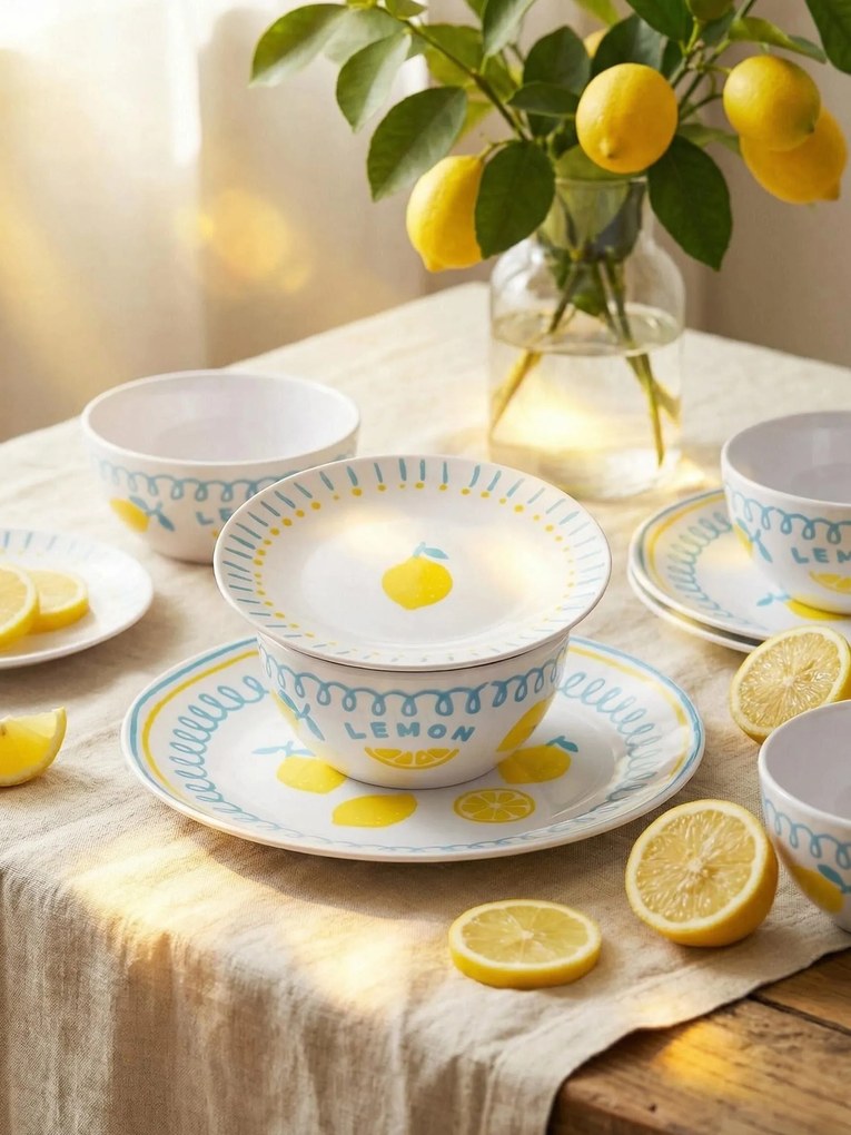 Sinsay - Keramické talíře s motivem citronů 2 pack - modrá