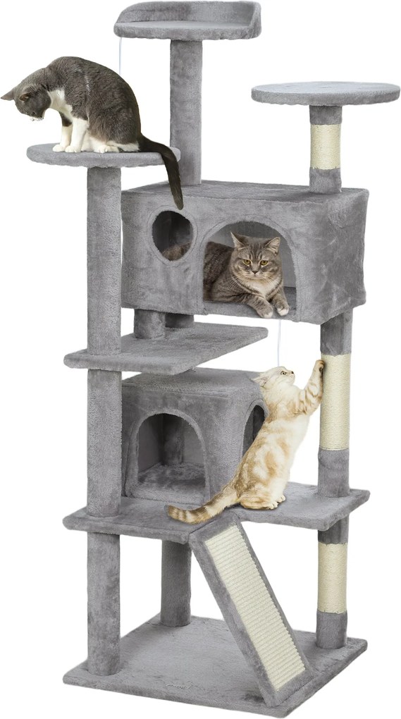 PawHut Kočičí škrabadlo výška 138 cm, strom pro kočky s sisalovými škrabacími sloupy, platformami, úkryty, zavěšenými míčky a hamakem, světle šedé | A