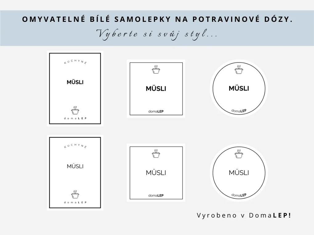 MÜSLI - omyvatelná samolepka na dózu, výběr rozměrů Ø 5 cm / 5 x 5 cm / 6 x 8 cm | DomaLEP tvar: ČTVEREC, barva: BÍLÁ - ČERNÉ písmo, velikost: š. 5 cm x v. 5 cm - základní písmo