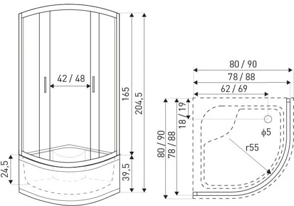 Novoterm Čtvrtkruhový sprchový kout NV-Malibu GL 80x80 chrom/textura + vysoká vanička