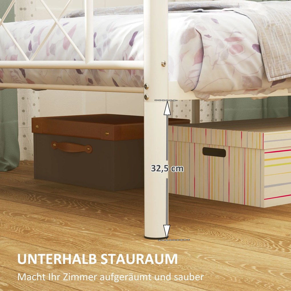 Rám postele HOMCOM pro matraci 200 x 90 cm, 88 cm vysoký jednolůžkový rám z oceli, pro ložnici či pokoj pro hosty, Bílý