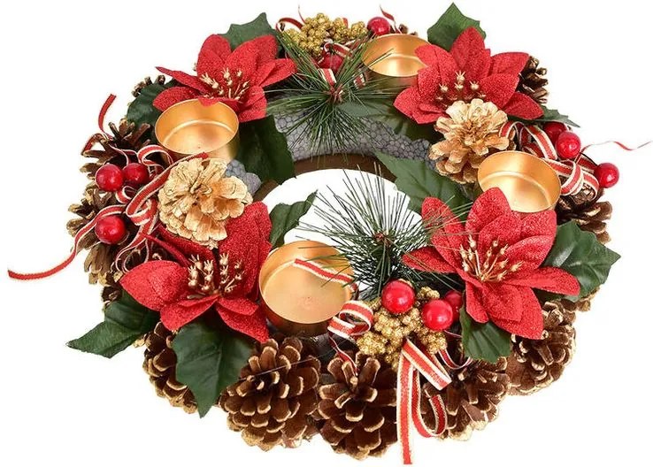 Adventní šiškový věnec POINSETTIA s mašlí 30 cm