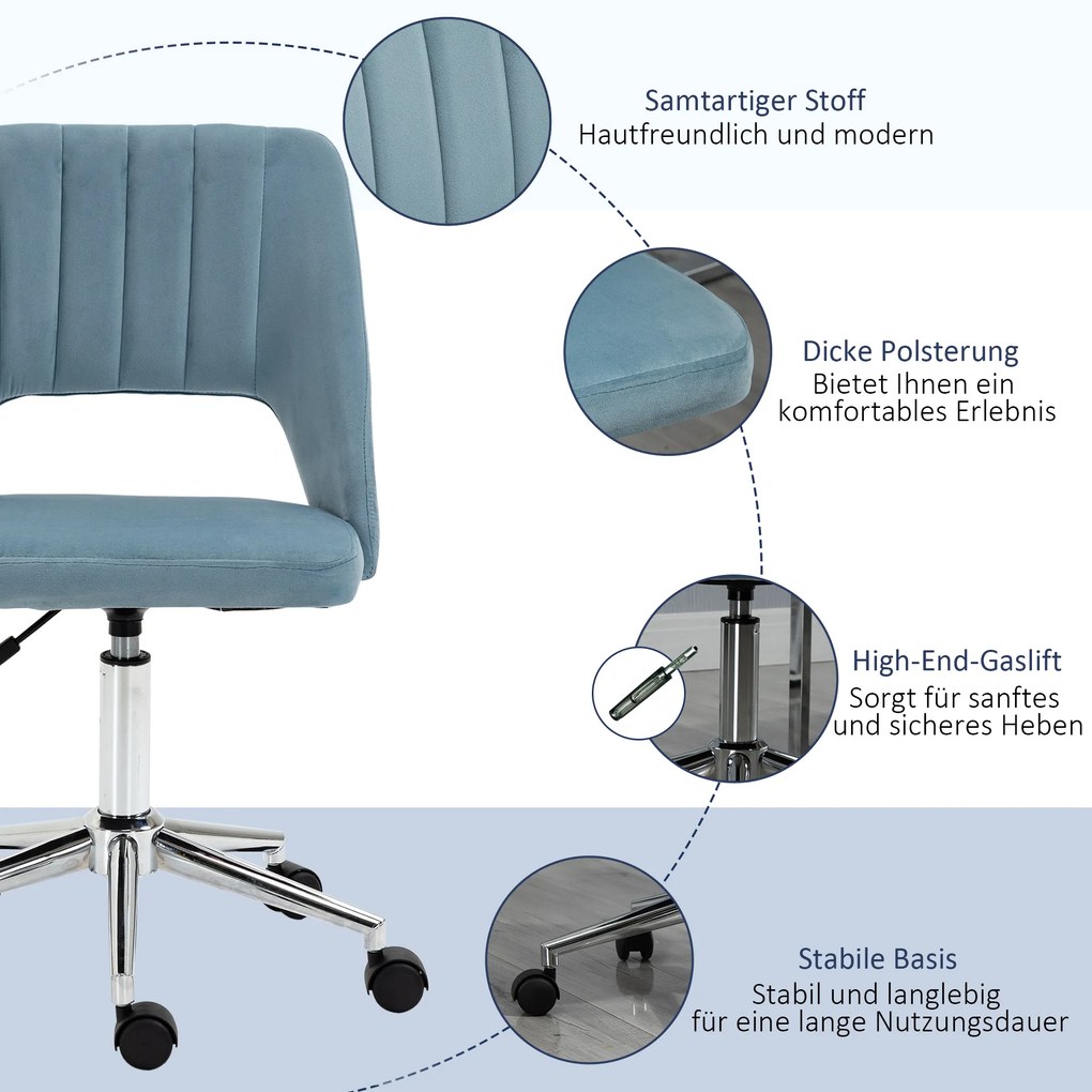 Výškově nastavitelná otočná židle Vinsetto do obývacího pokoje a kanceláře, sametová v modré barvě, ergonomická kancelářská židle pro pohodlí